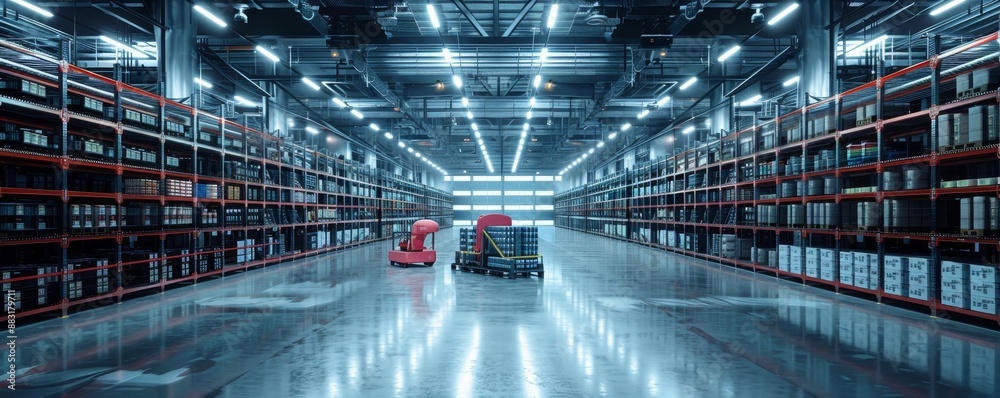 Large modern warehouse with automated forklifts organizing shelves ...