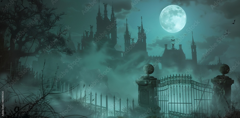Gothic style background with moon and gothic castle, dark green color ...