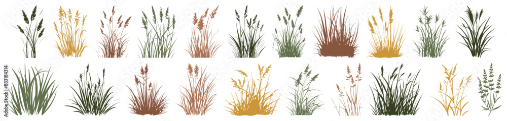 Vetor de Set of ground cover elements. Grass line cad and silhouette ...