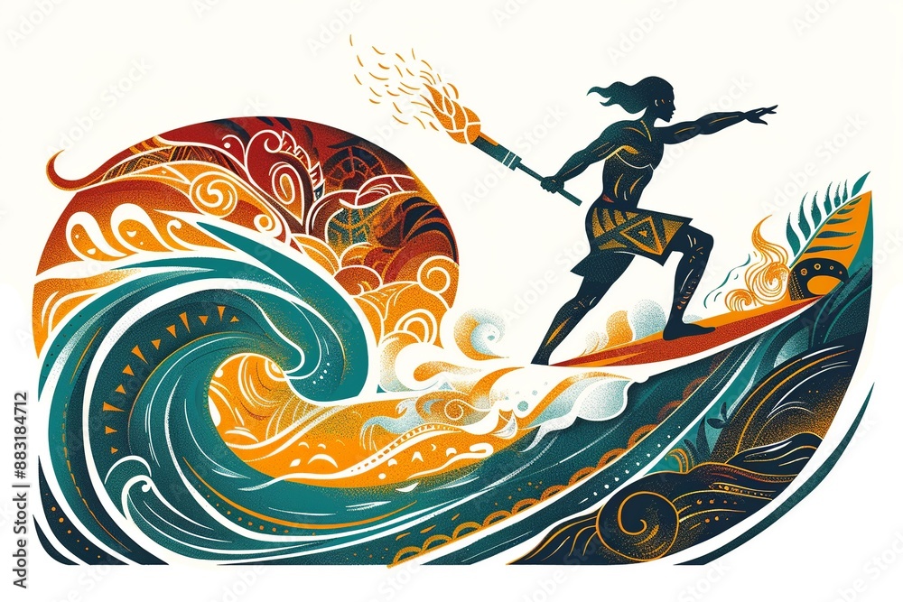 Polynesian surfer rides surfboard on wave with Olympic torch in his ...