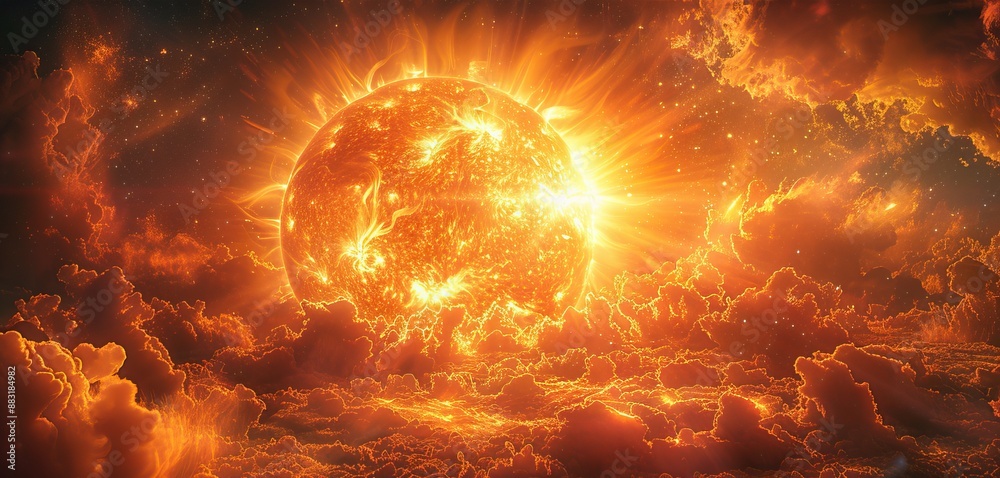 A stunning depiction of a solar explosion with fiery flares and intense ...
