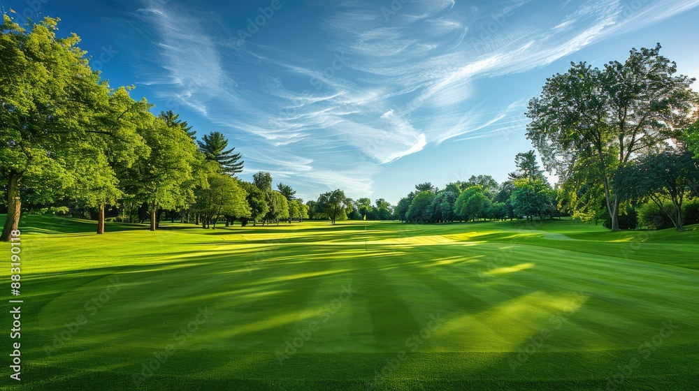 Beautiful golf course under a clear blue sky with lush green fairways ...