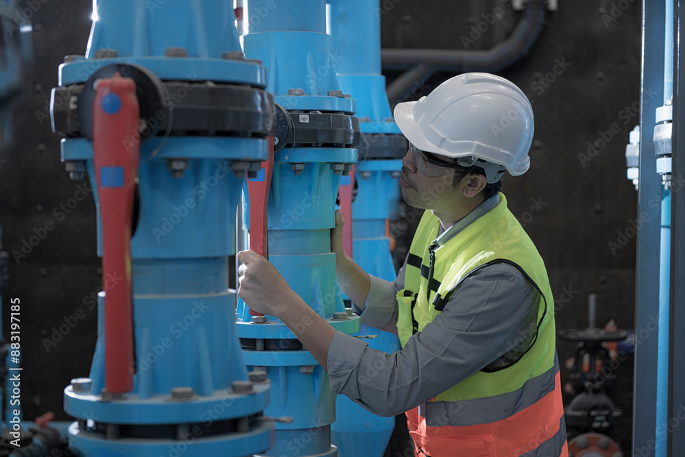 Person in PPE with a hand hold folder on PVC pipe on background. Male ...