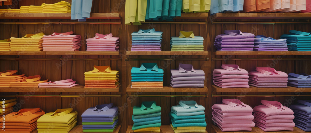 A vibrant display of polo shirts in a spectrum of colors neatly folded ...