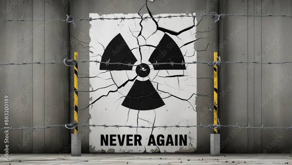 Wall with a radiation symbol and "Never Again" text, emphasizing a ...