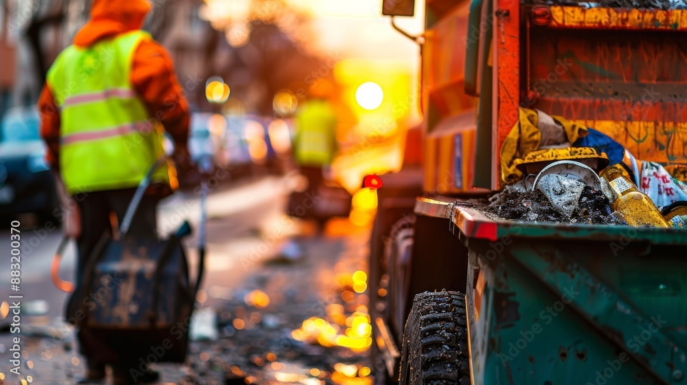 Garbage man working together on emptying dustbins for trash removal ...