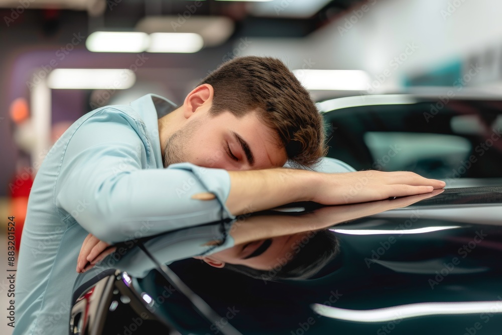 Man with eyes closed hugging a car in auto salon Man with eyes closed ...