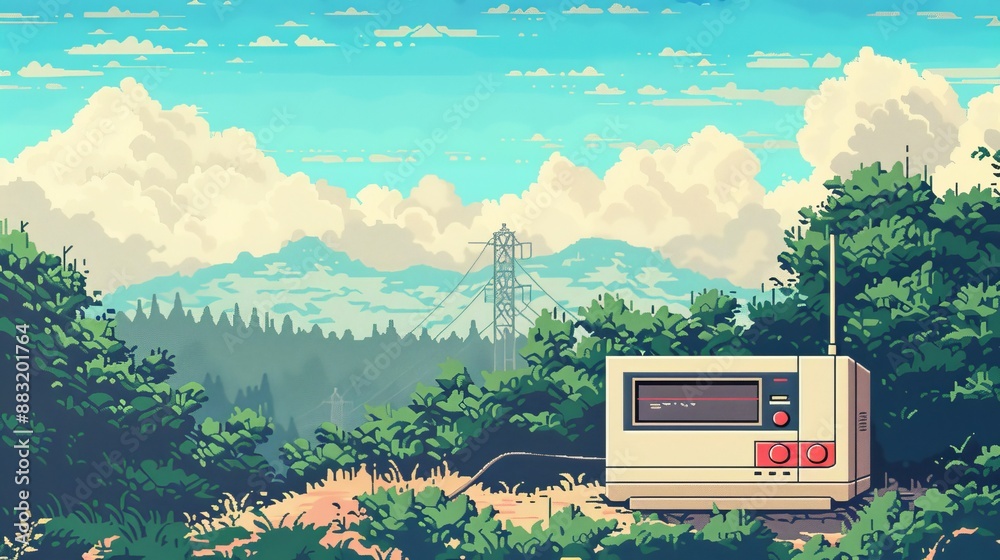 This image features a retro computer system placed in the midst of a ...