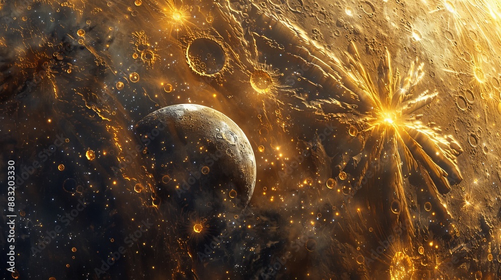 A breathtaking depiction of fiery stars and planets engulfed in an ...