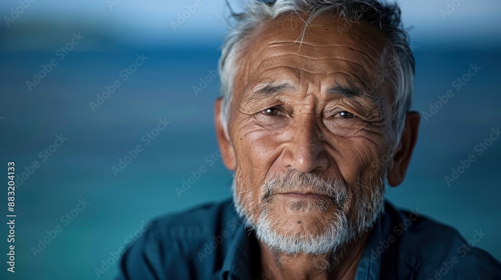 An older man stands outdoors by a seafront, with a breeze blowing ...