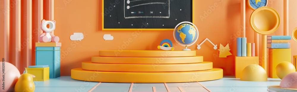 3D Rendering back to school interior study room for children cute icon ...