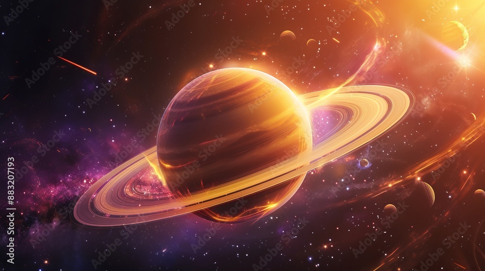 Saturn is depicted with a fiery glow around its rings, set against a ...