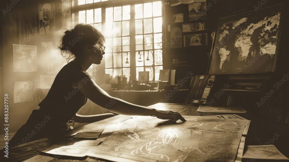 Teacher conducting a didactic lesson on history with visual aids and ...