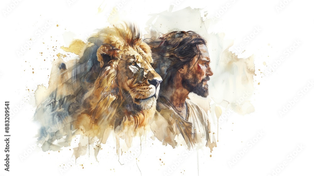 Jesus the Lion of Judah. Portrait of lion and man. Digital watercolor ...