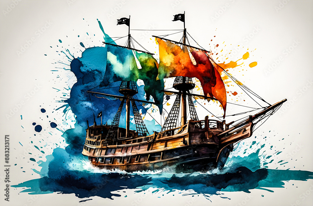 pirate boat with watercolor splashes and color accents vector painting ...