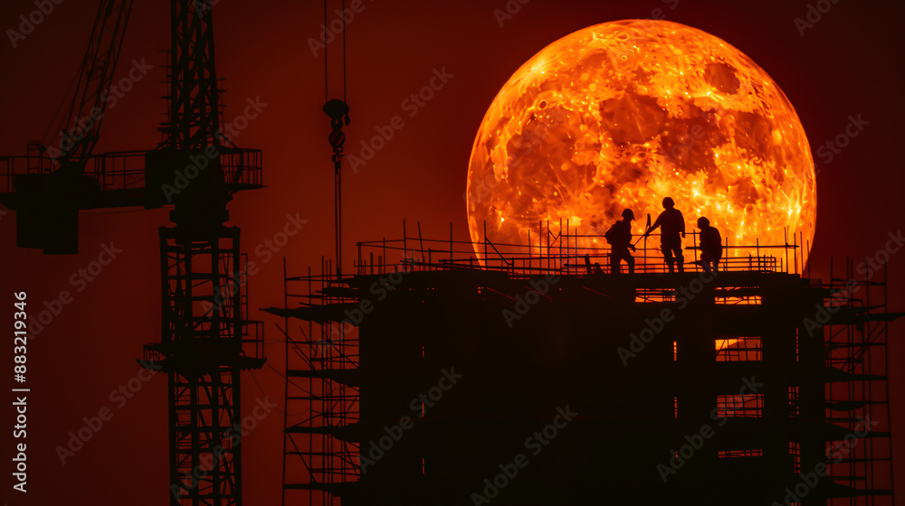 Silhouette of a construction site against a glowing full moon. The ...