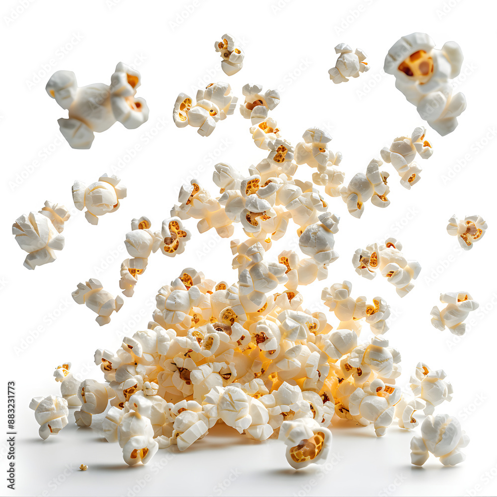 Popcorn kernels burst open in mid-air, capturing the dynamic motion and ...