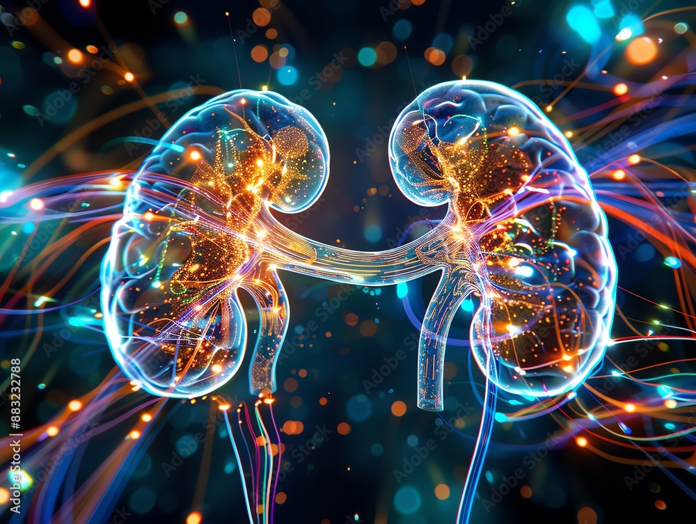 Creative digital illustration of kidneys with vibrant colors and light ...