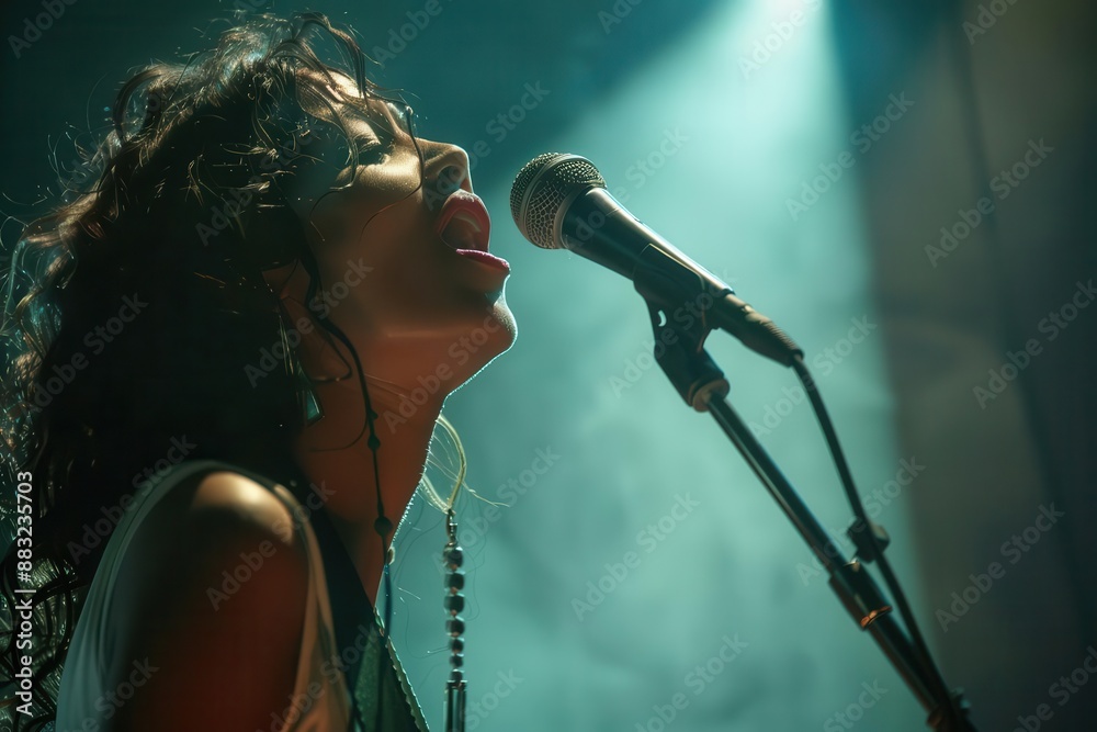 female singer passionately performing on stage captured in profile ...