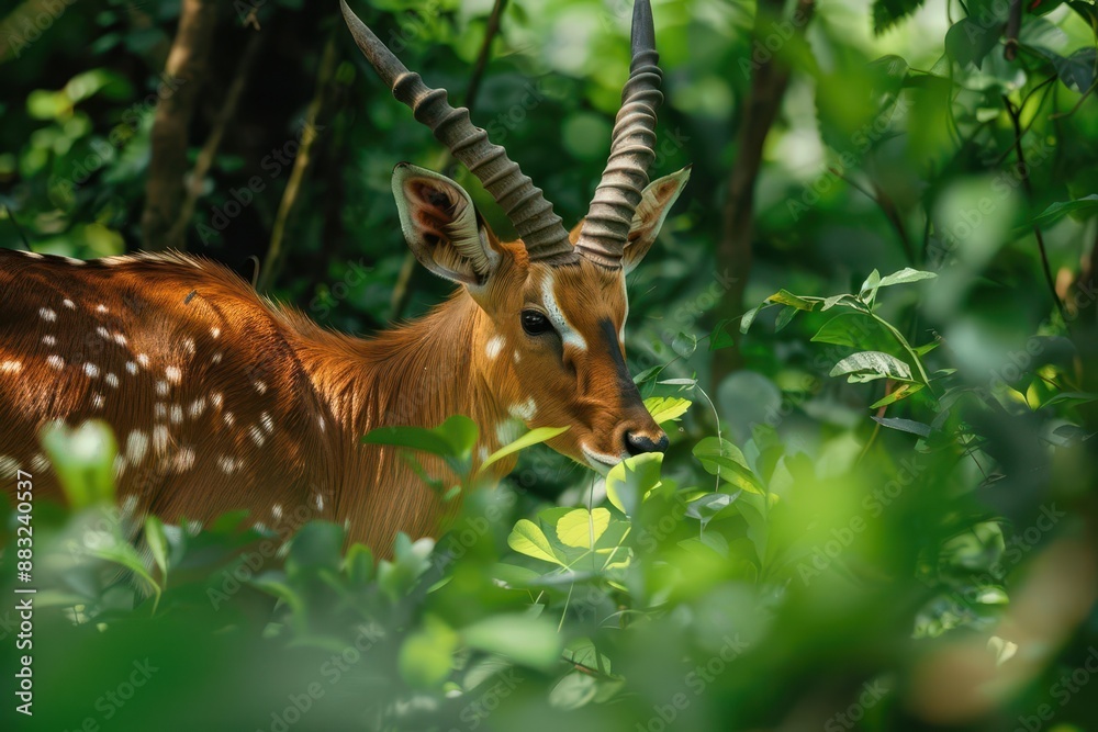 intimate portrait of a bushbuck antelope grazing among lush green ...