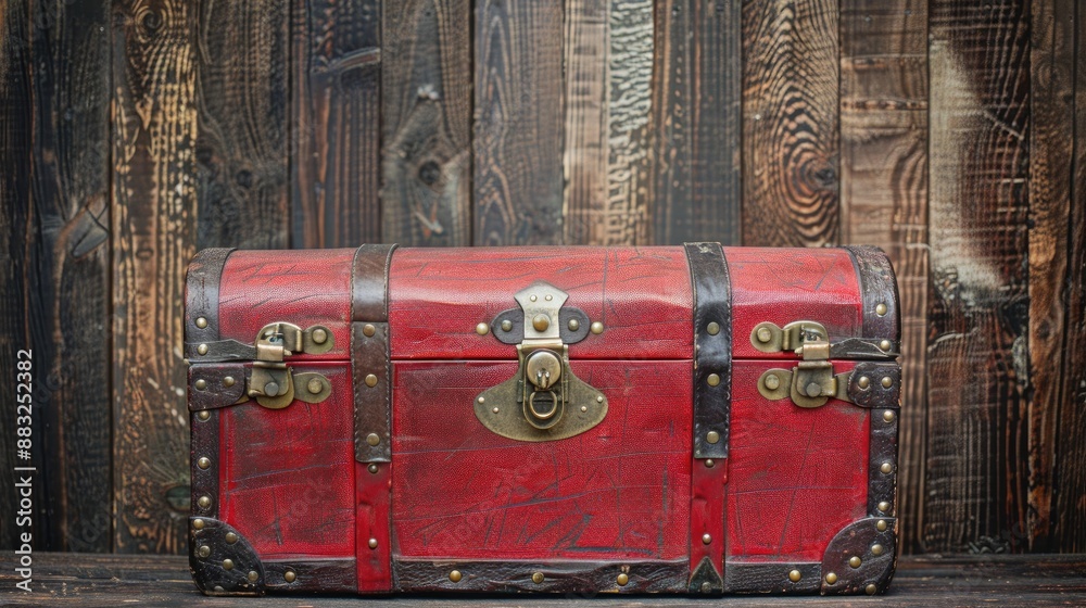 Vintage red chest on retro background with leather padding and brass ...