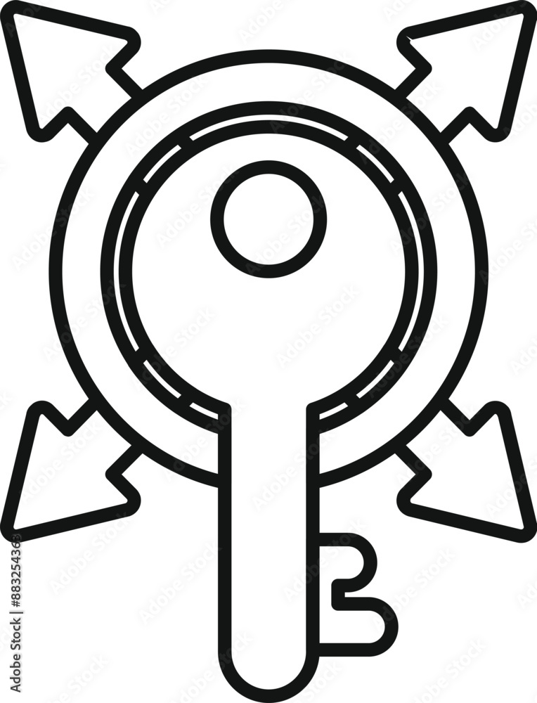 Line art illustration of a key inside a circle with arrows pointing in ...