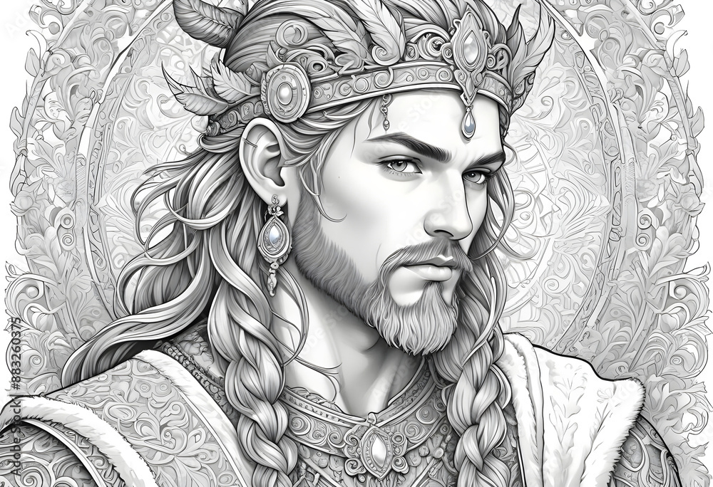 Nordic Prince Warrior Coloring Page, portrait of nordic prince with ...