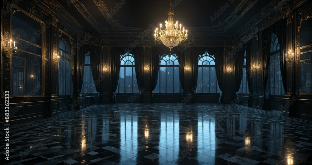 black ballroom room interior of mansion castle palace at night. dark ...