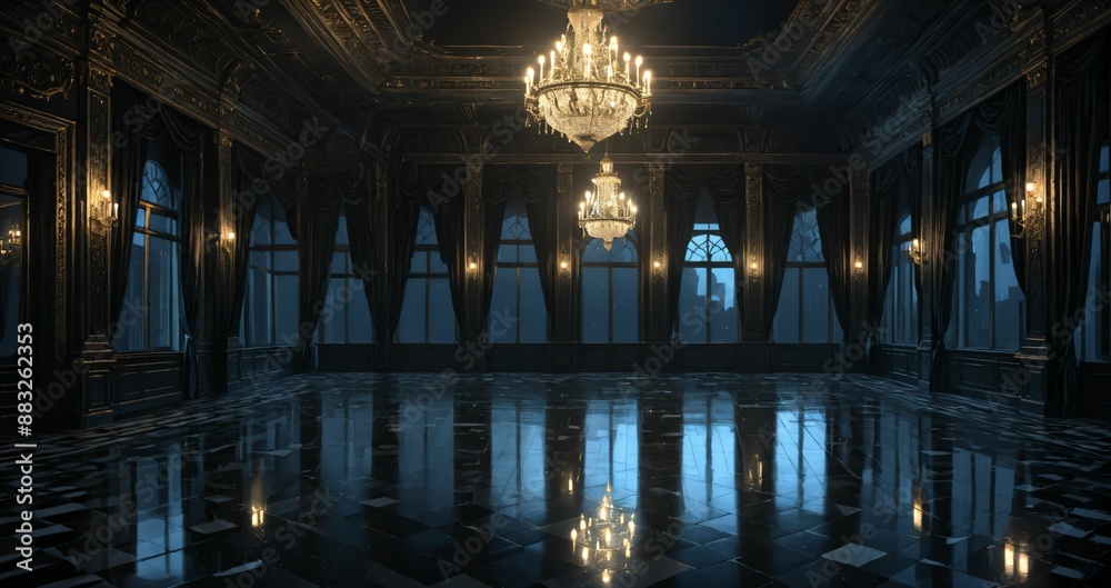 black ballroom room interior of mansion castle palace at night. dark ...