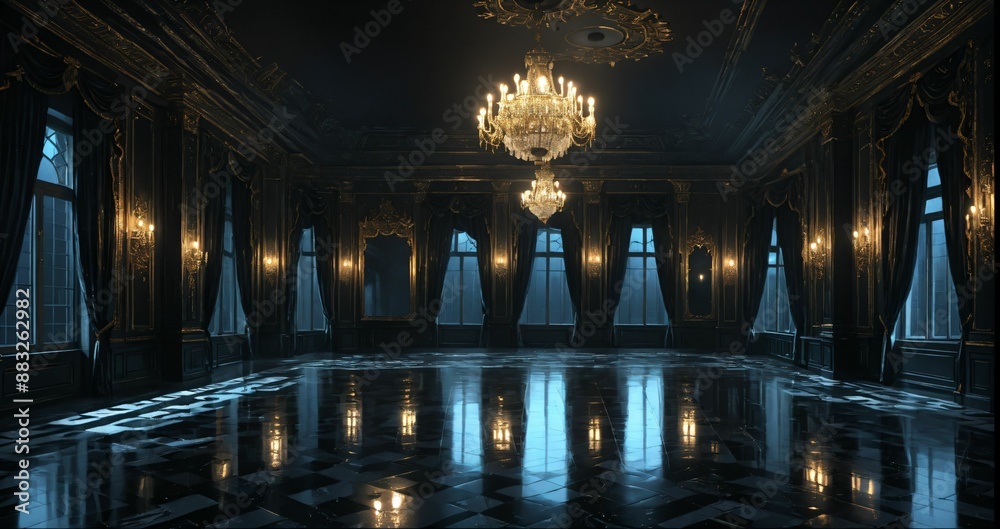 black ballroom room interior of mansion castle palace at night. dark ...