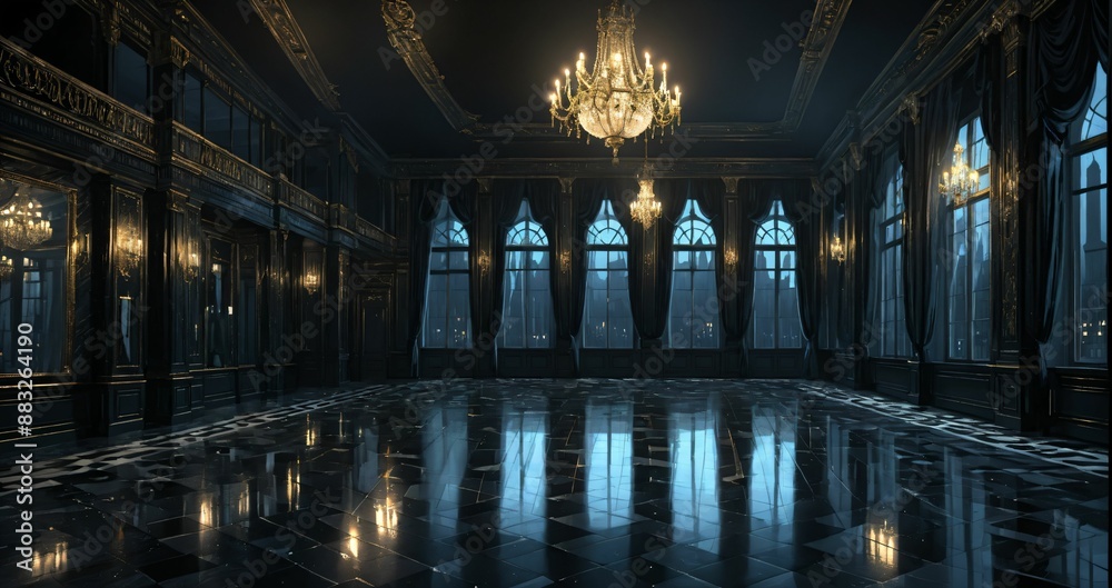 black ballroom room interior of mansion castle palace at night. dark ...
