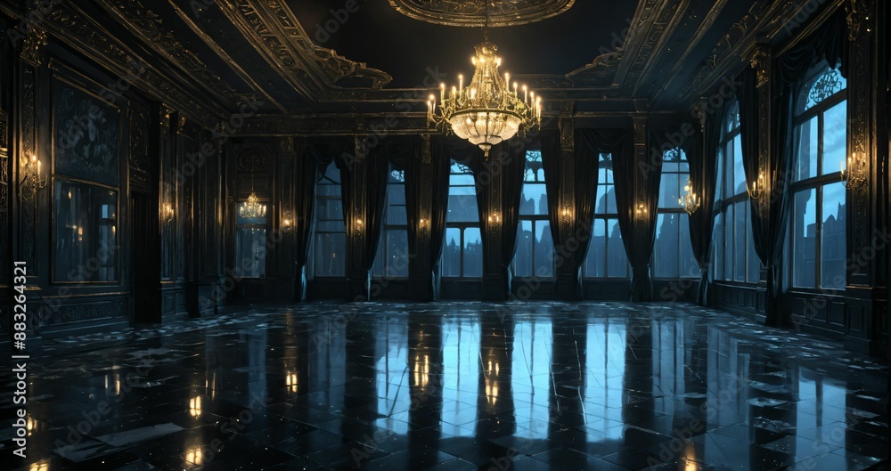 black ballroom room interior of mansion castle palace at night. dark ...