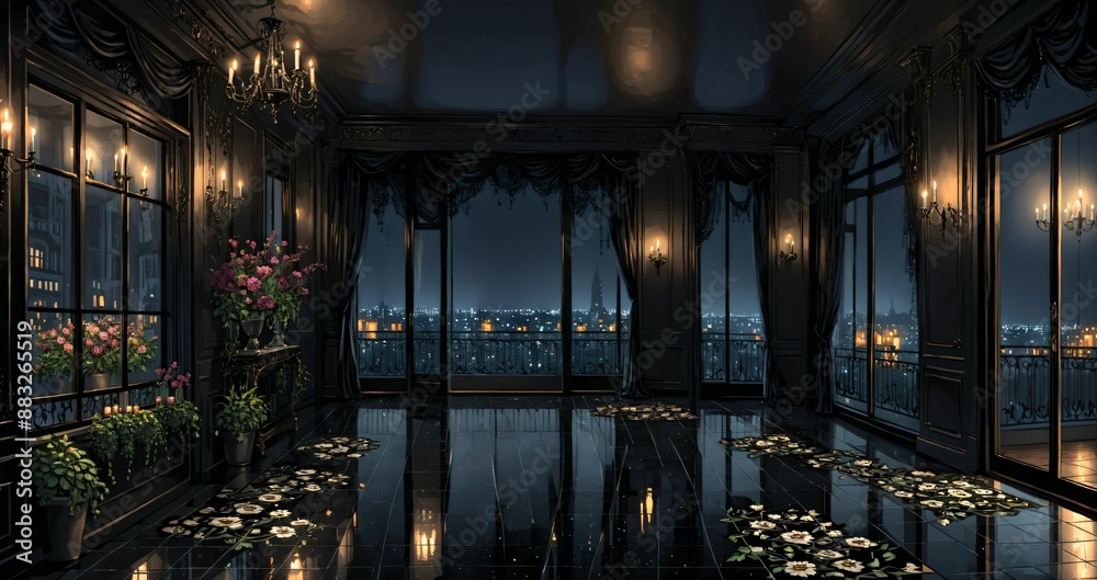 patio terrace balcony of palace mansion house at night. flowers ...