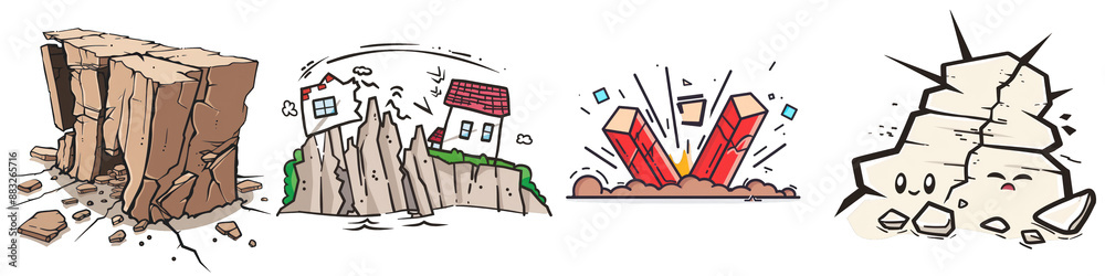 Cartoon illustrations of geological phenomena including landslides ...