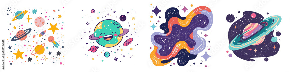 Colorful space illustrations featuring planets, stars, and cosmic ...