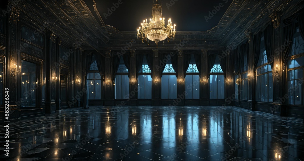 black ballroom room interior of mansion castle palace at night. dark ...