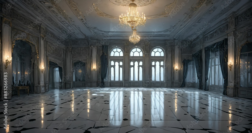 white ballroom corridor of mansion building palace cathedral gothic ...