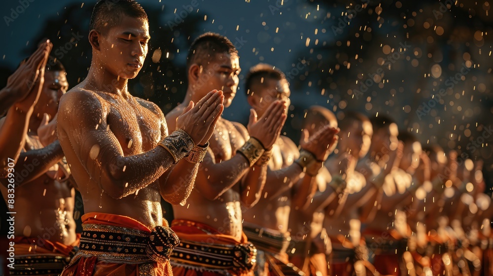 Group of Thai boxing students performing a Wai Kru Ram Muay ceremony ...