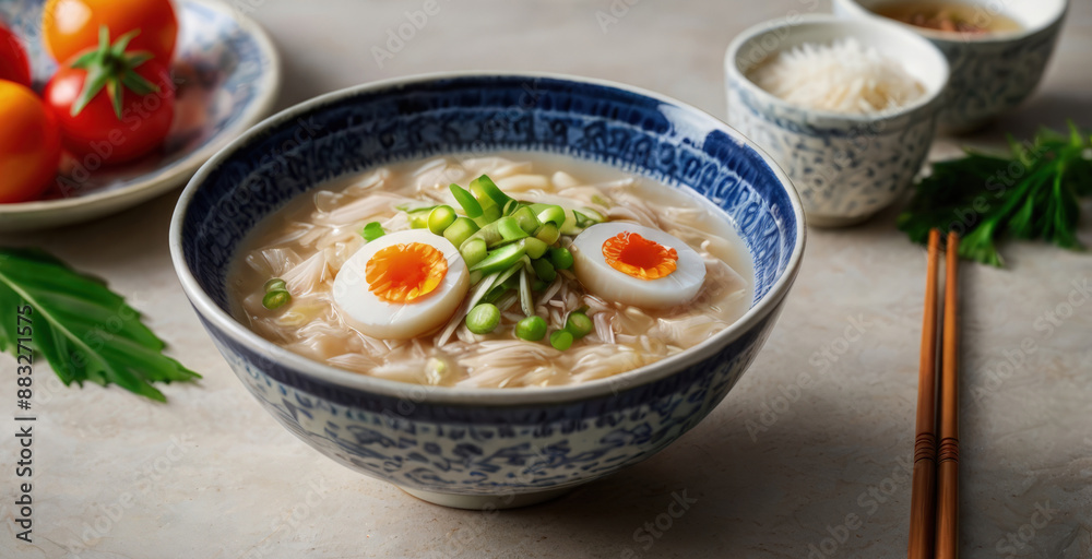 Congee. Congee with boil egg. It is a form of savoury rice porridge ...