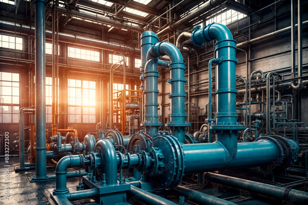 Interior of industrial engine room with water pump, valves, pressure ...