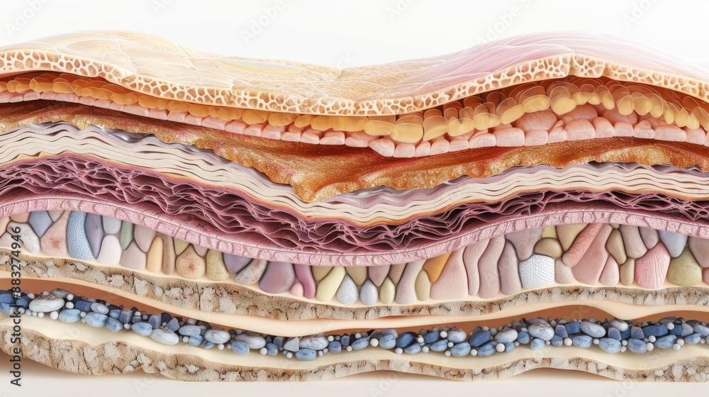Realistic 3D visualization of human skin layers, isolated on white ...