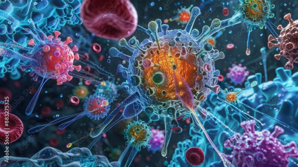 Visual representation of dengue virus battling human immune cells ...