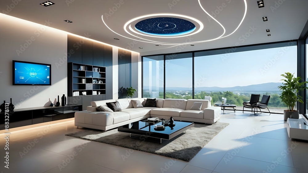 Modern living room interior design with a starry night sky ceiling and ...