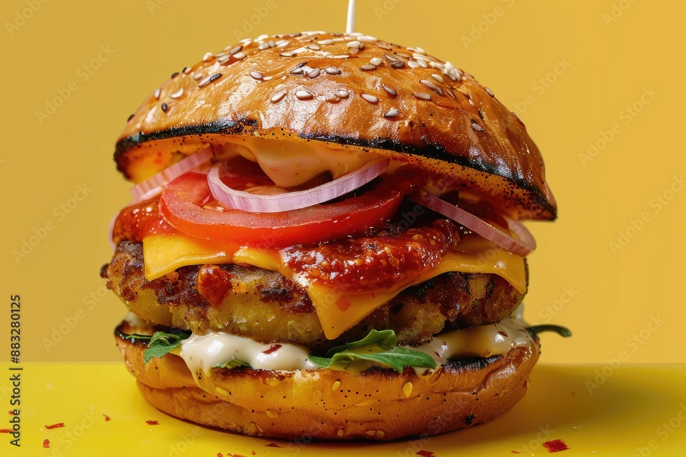 burger made of a Bun base Red Chilli sauce Crunchy potato patty Onion ...
