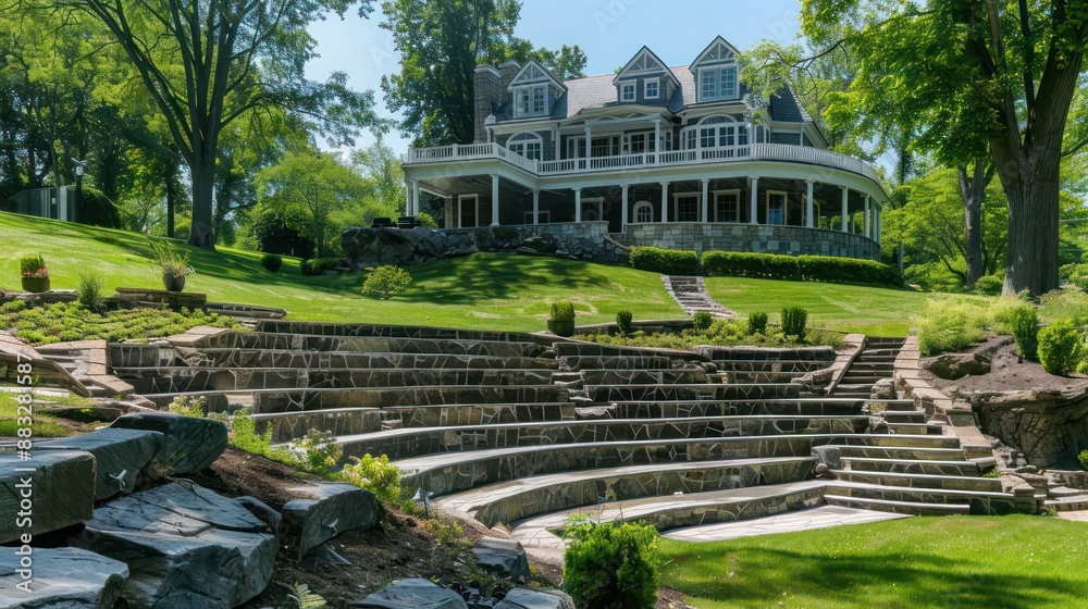 Suburban Colonial home with an outdoor amphitheater built into a ...