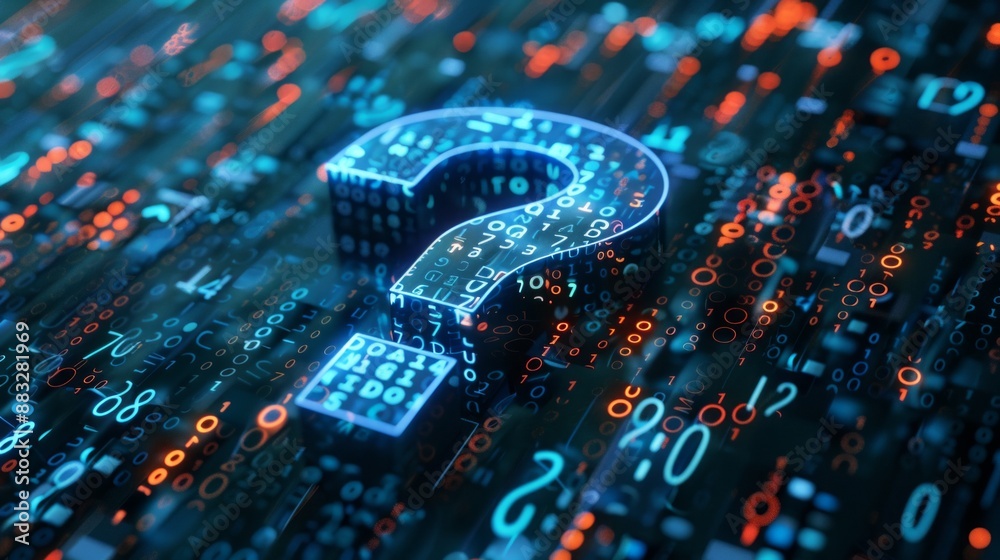 High-tech 3D question mark with binary code background, illustrating AI ...