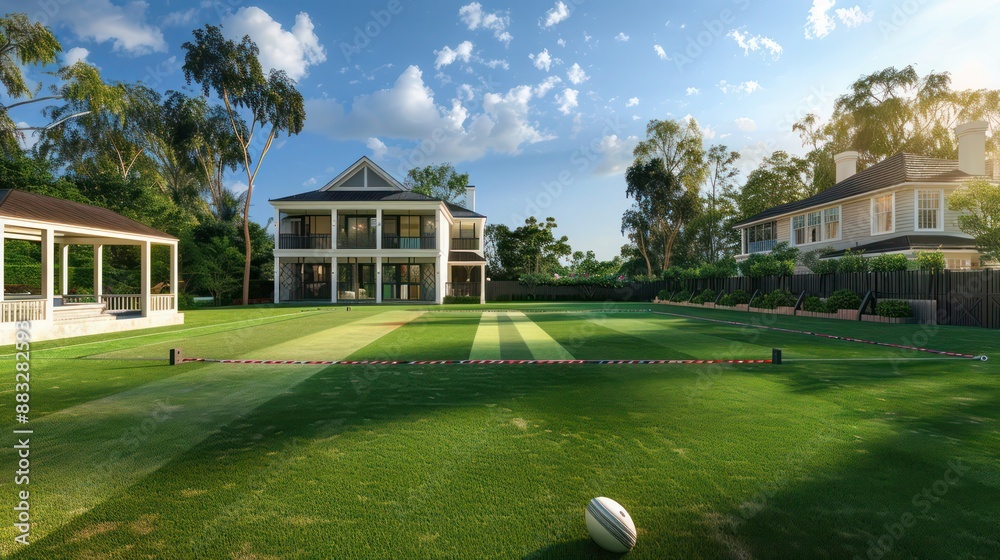 Suburban Colonial home with a backyard cricket field, complete with a ...