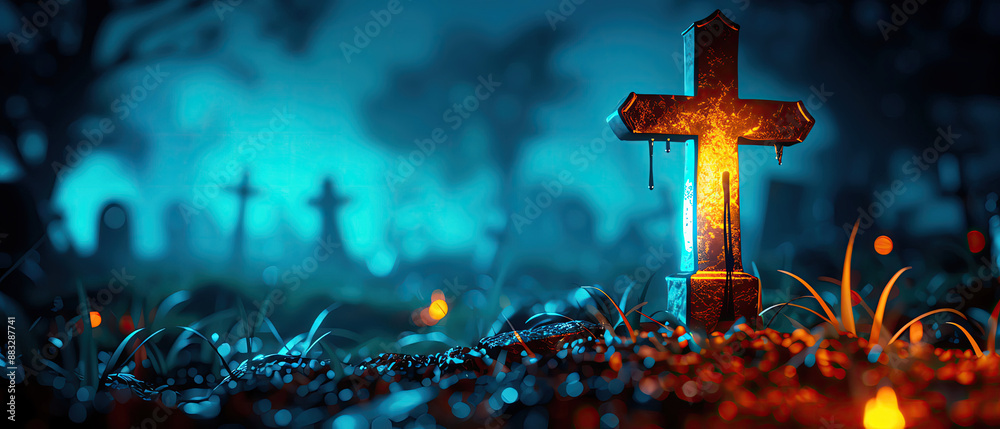 Eerie nighttime cemetery scene with illuminated crosses and glowing candles, evoking a ...