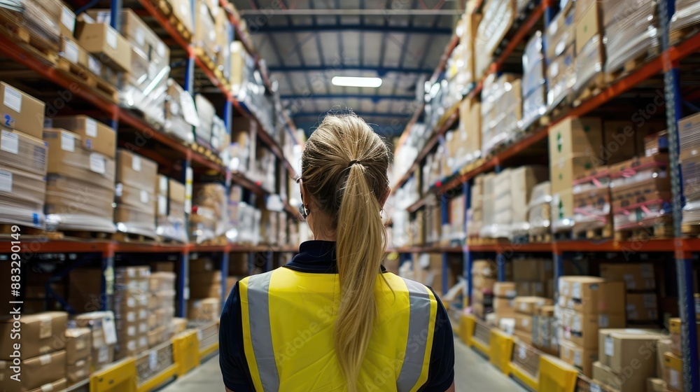 Back view of a worker ensuring all packages are correctly labeled in a ...