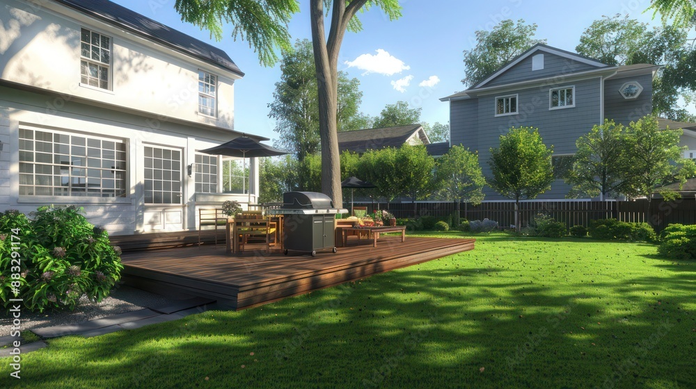 summer barbecue scene at a Suburban Colonial home, with a spacious deck ...
